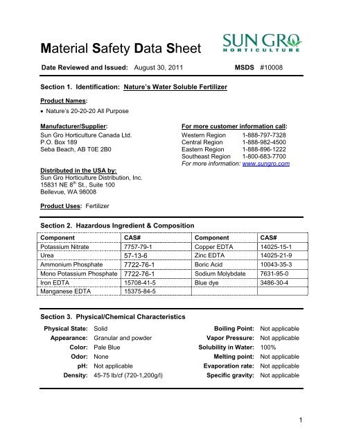 Material Safety Data Sheet - Sun Gro Horticulture