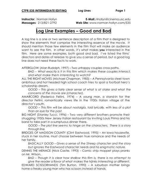 Log Line Examples - Norman Hollyn's Home of Film Editing