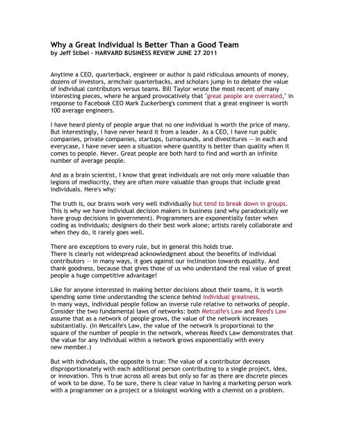 Why a Great Individual Is Better Than a Good Team