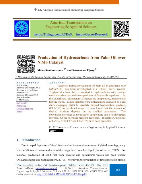 Production of Hydrocarbons from Palm Oil over NiMo Catalyst