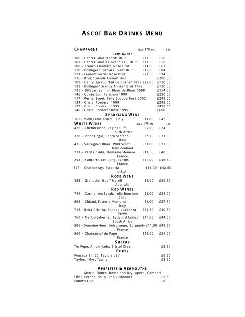 ascot bar drinks menu - Pennyhill Park Hotel