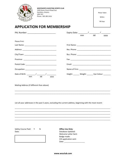 application form - Wentworth Shooting Sports Club