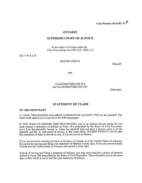to Read the Statement of Claim - Class Action