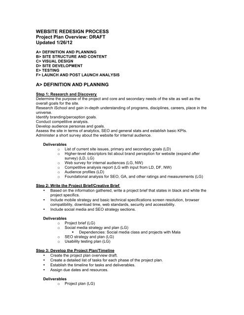 WEBSITE REDESIGN PROCESS Project Plan Overview: DRAFT ...
