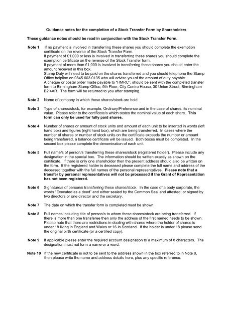 Guidance notes for the completion of a Stock Transfer Form by ...