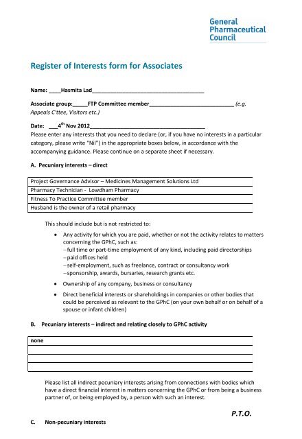 Register of Interests form for Associates