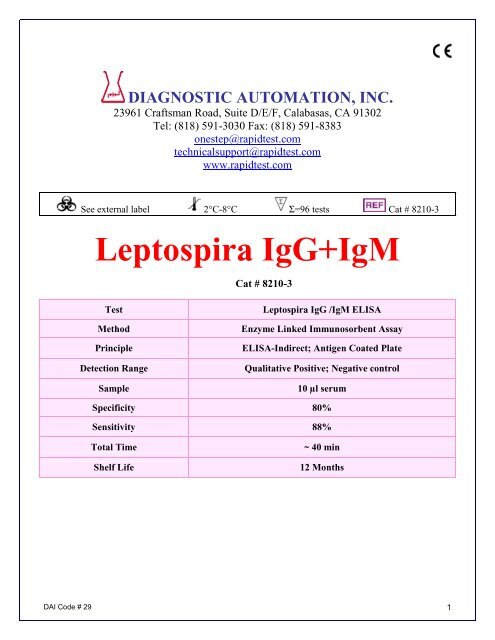 Leptospira IgG+IgM - ELISA kits - Rapid tests