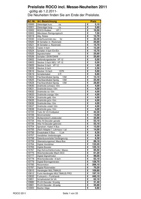 Preisliste ROCO incl. Messe-Neuheiten 2011 - Stellwerk Kalthof