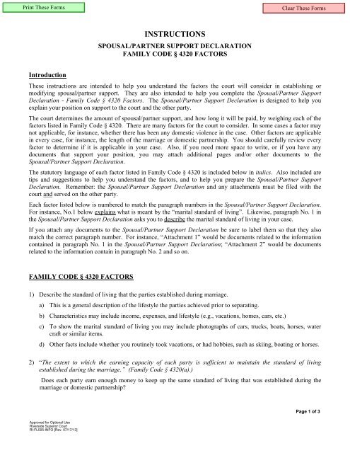 Spousal Partner Support Declaration Superior Court Riverside