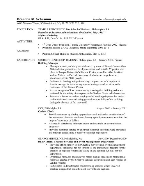 Resume Temple Fox MIS Temple University