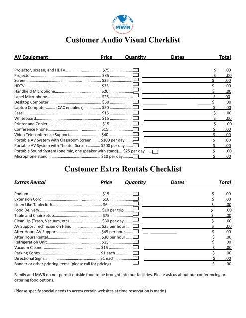 Customer Audio Visual Checklist - Redstone Arsenal MWR