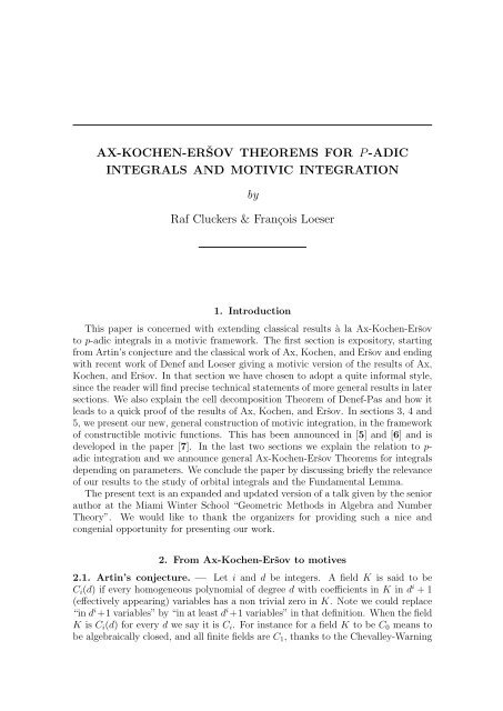 AX-KOCHEN-ERŠOV THEOREMS FOR P-ADIC INTEGRALS AND ...