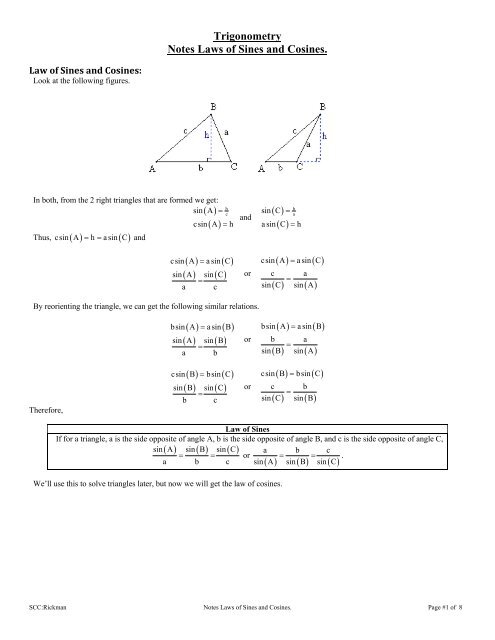Trigonometry Notes Laws of Sines and Cosines.