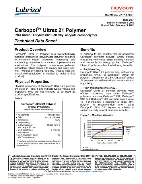 Carbopol Ultrez 21 Polymer Technical Data Sheet