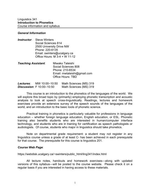 Linguistics 341 Introduction to Phonetics Course information and ...