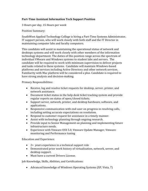 Part-Time Assistant Information Tech Support Position 3 Hours per ...