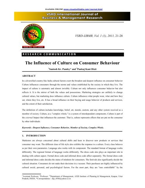 The Influence of Culture on Consumer Behaviour - vsrd international ...