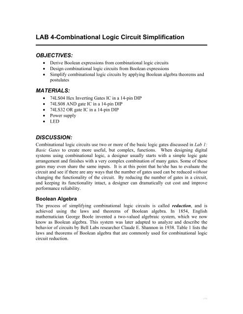 LAB 4-Combinational Logic Circuit Simplification LAB 4-Combinational Logic Circuit Simplification