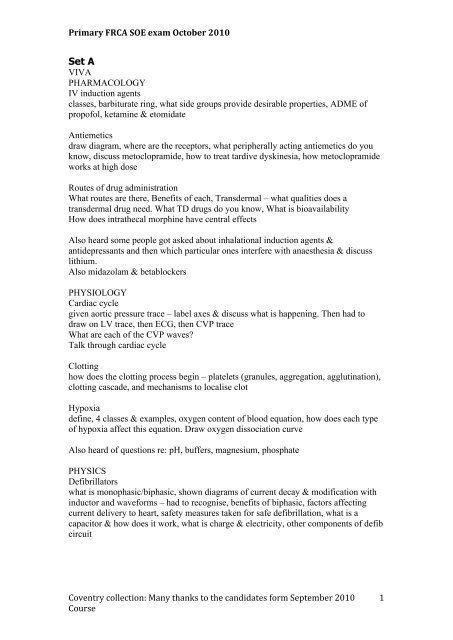 Primary FRCA SOE exam October 2010 Coventry collection: Many ...