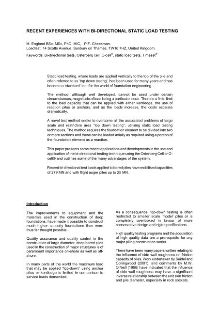 recent experiences with bi-directional static load testing