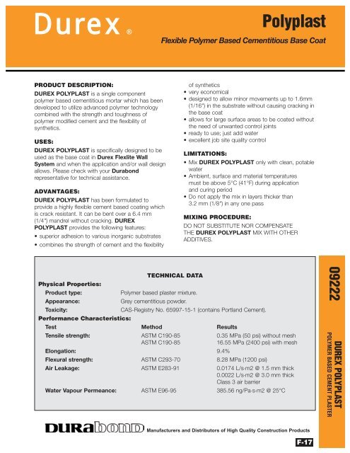 Durex Polyplast Specifications - Durabond