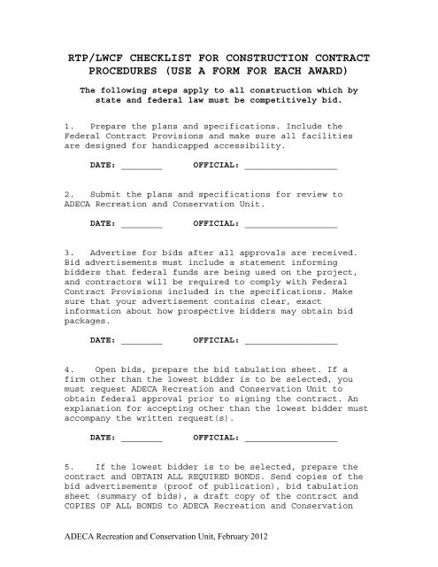 CHECKLIST FOR CONSTRUCTION CONTRACT PROCEDURES