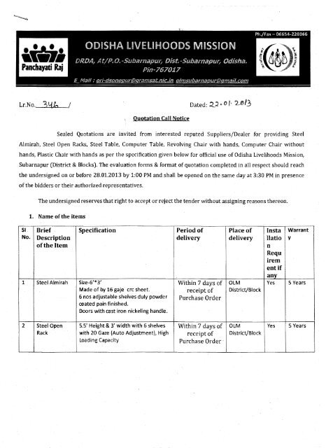 Quatation Call Notice No. 346 - Subarnapur