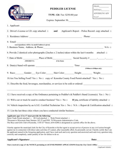 APPLICATION FOR PEDDLER LICENSE - City of Kenosha, Wisconsin