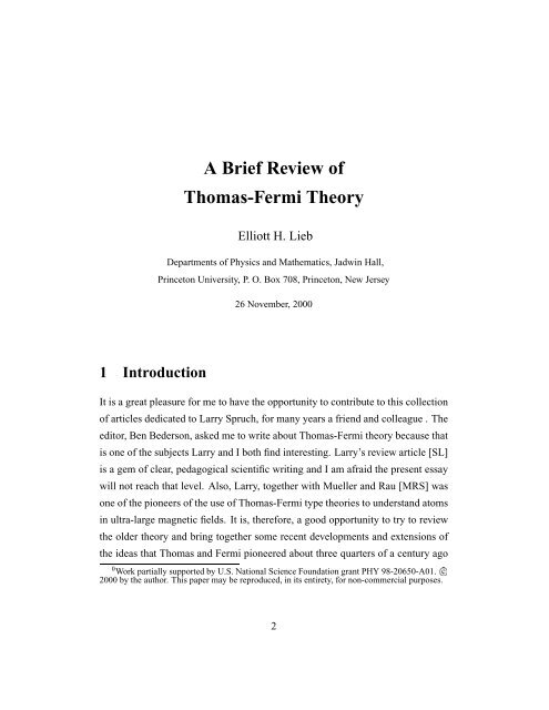 A Brief Review of Thomas-Fermi Theory - Department of Physics