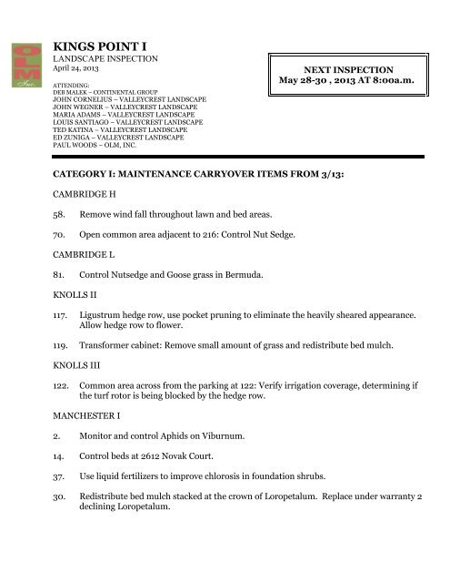 MONTHLY LANDSCAPE MAINTENANCE INSPECTION - Kings Point