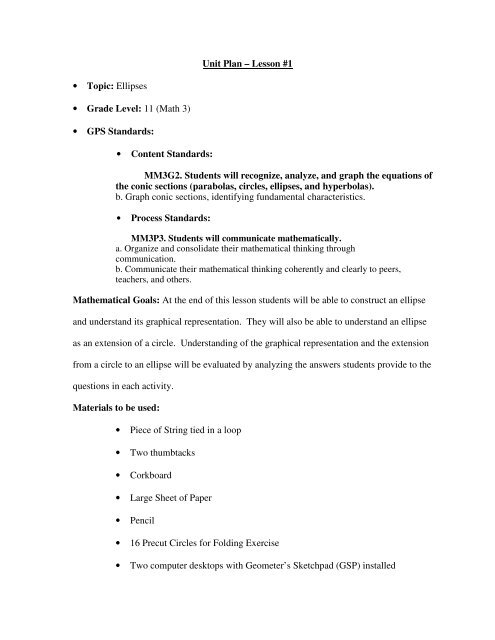 Unit Plan – Lesson #1 • Topic: Ellipses • Grade Level: 11 (Math 3 ...