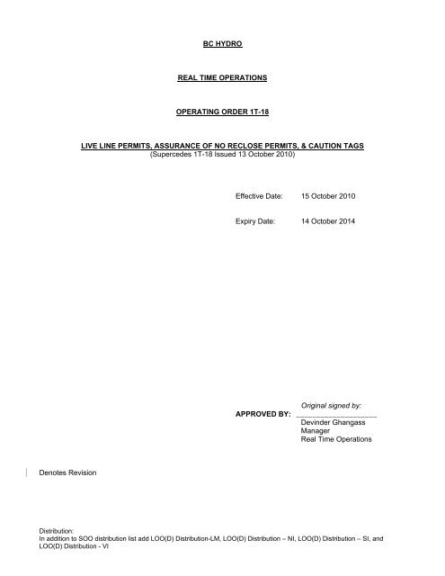 Live Line Permits, Assurance of No Reclose Permits - BC Hydro ...