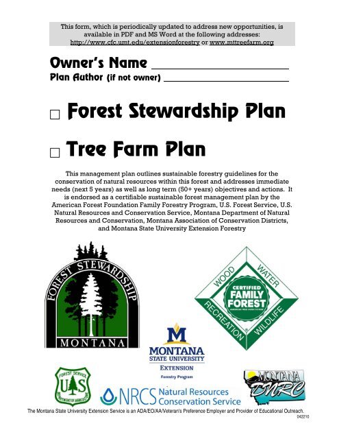 Forest Stewardship Plan Tree Farm Plan - Montana Tree Farm System