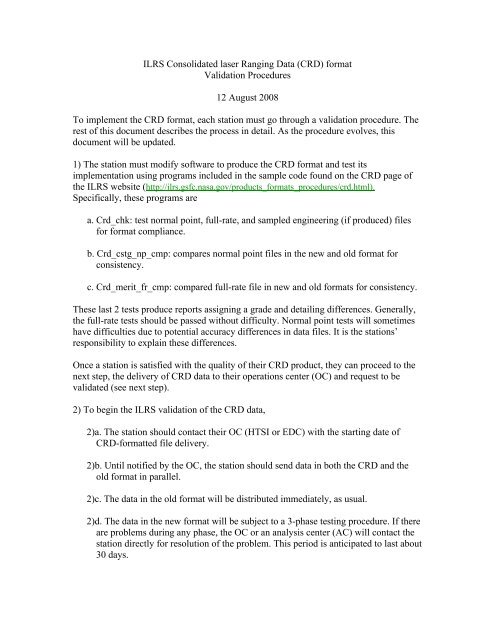 (CRD) format Validation Procedures 12 August 2008 ... - ILRS - NASA