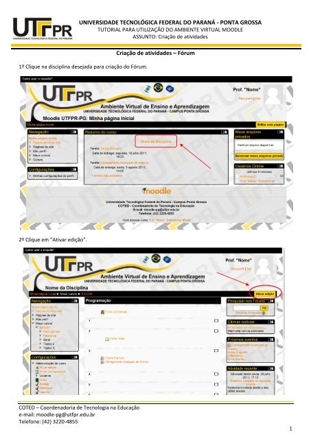 Incluir atividades - Moodle - UTFPR