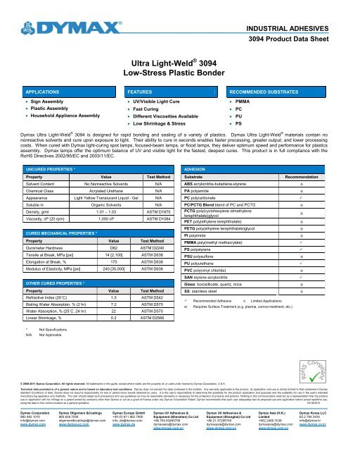 DYMAX 3094 Industrial Adhesives Product Data Sheet
