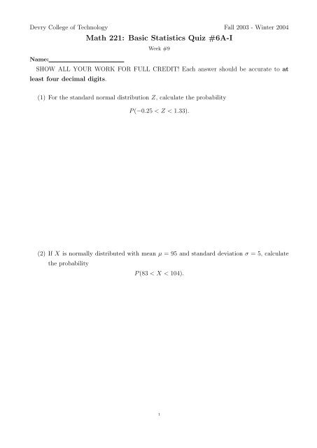 Math 221 Basic Statistics Quiz 6a I