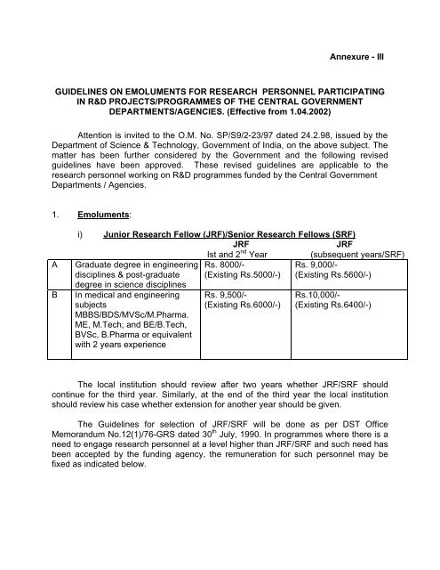Annexure - III GUIDELINES ON EMOLUMENTS FOR RESEARCH ...