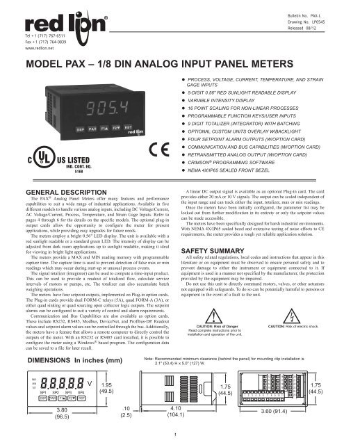 PAXD Data Sheet/Manual 2829KB - Red Lion Controls