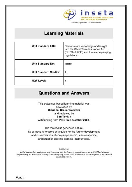 Learning Materials Questions and Answers - INSETA