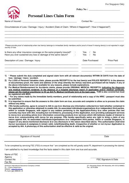 Personal Lines Claim Form - AIA Singapore
