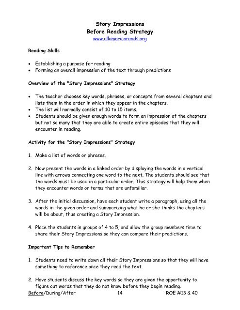 Story Impressions Before Reading Strategy - ROE #13