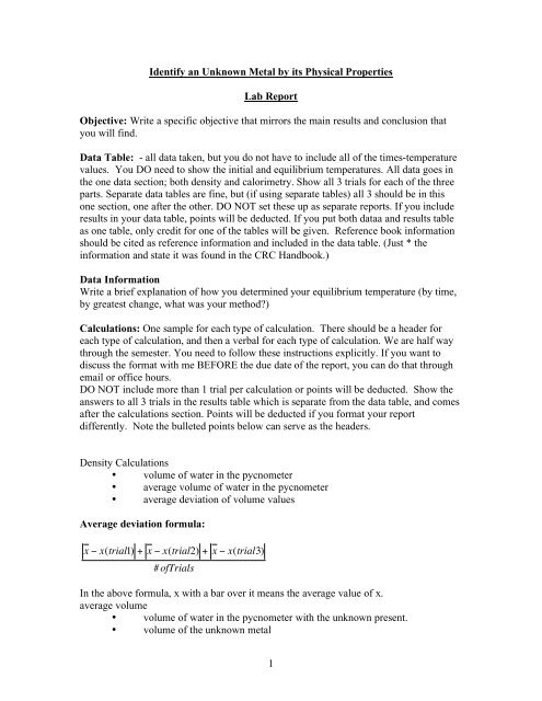 1 Identify an Unknown Metal by its Physical Properties Lab Report ...