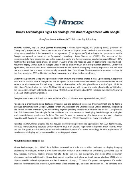 Himax Technologies Signs Technology Investment Agreement with ...