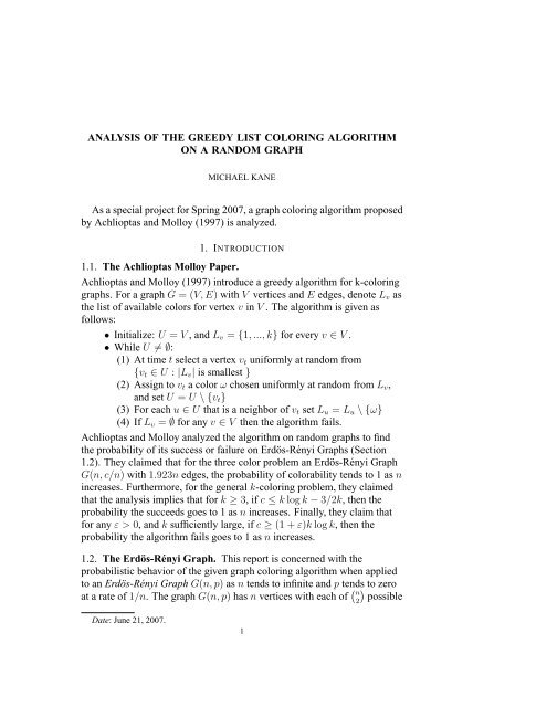 ANALYSIS OF THE GREEDY LIST COLORING ALGORITHM ON A ...