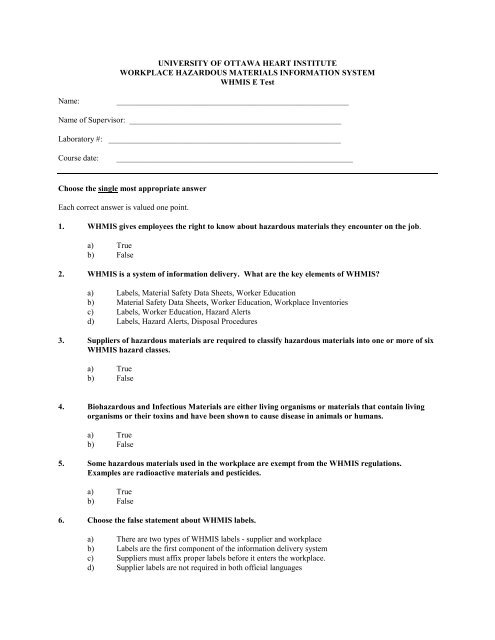 Whmis Test - University of Ottawa Heart Institute