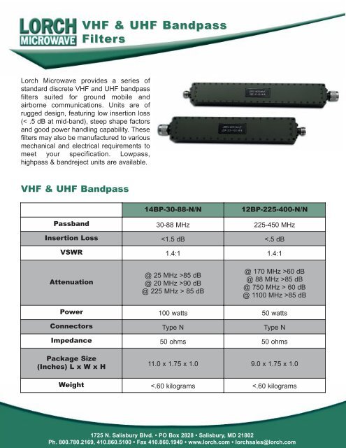 VHF & UHF Bandpass Filters - Lorch Microwave