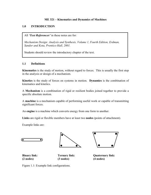 ME 321 Kinematics and Dynamics of Machines - Mechanical and ...