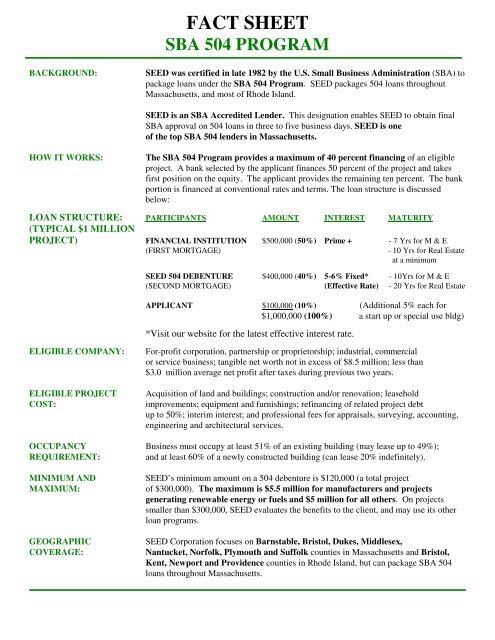 fact sheet sba 504 program - SEED Corp