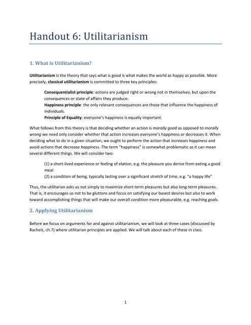 Handout 6: Utilitarianism - David W. Agler